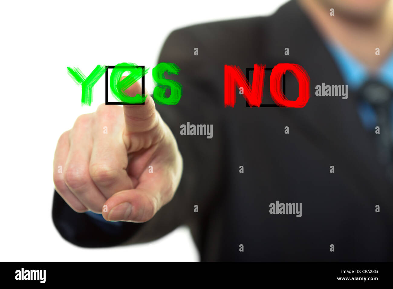 Businessman presses button YES, isolated on white background Stock ...