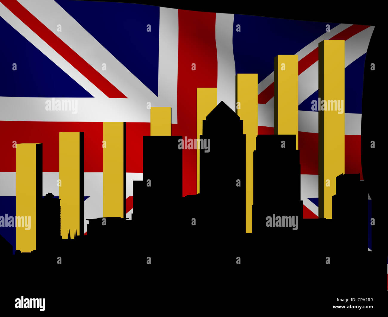London Docklands skyline and graph over British flag illustration Stock ...