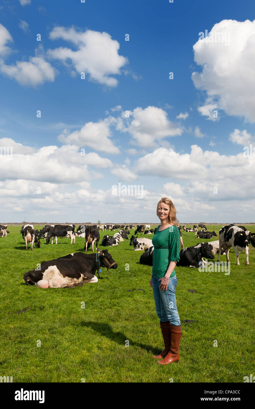 Young blond Dutch girl in farm field with black and white cows Stock ...