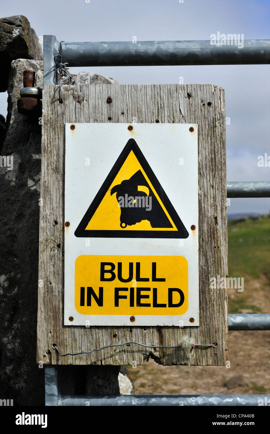 'BULL IN FIELD', sign on farm gate. Chapel-le-Dale, Ingleton, Yorkshire ...