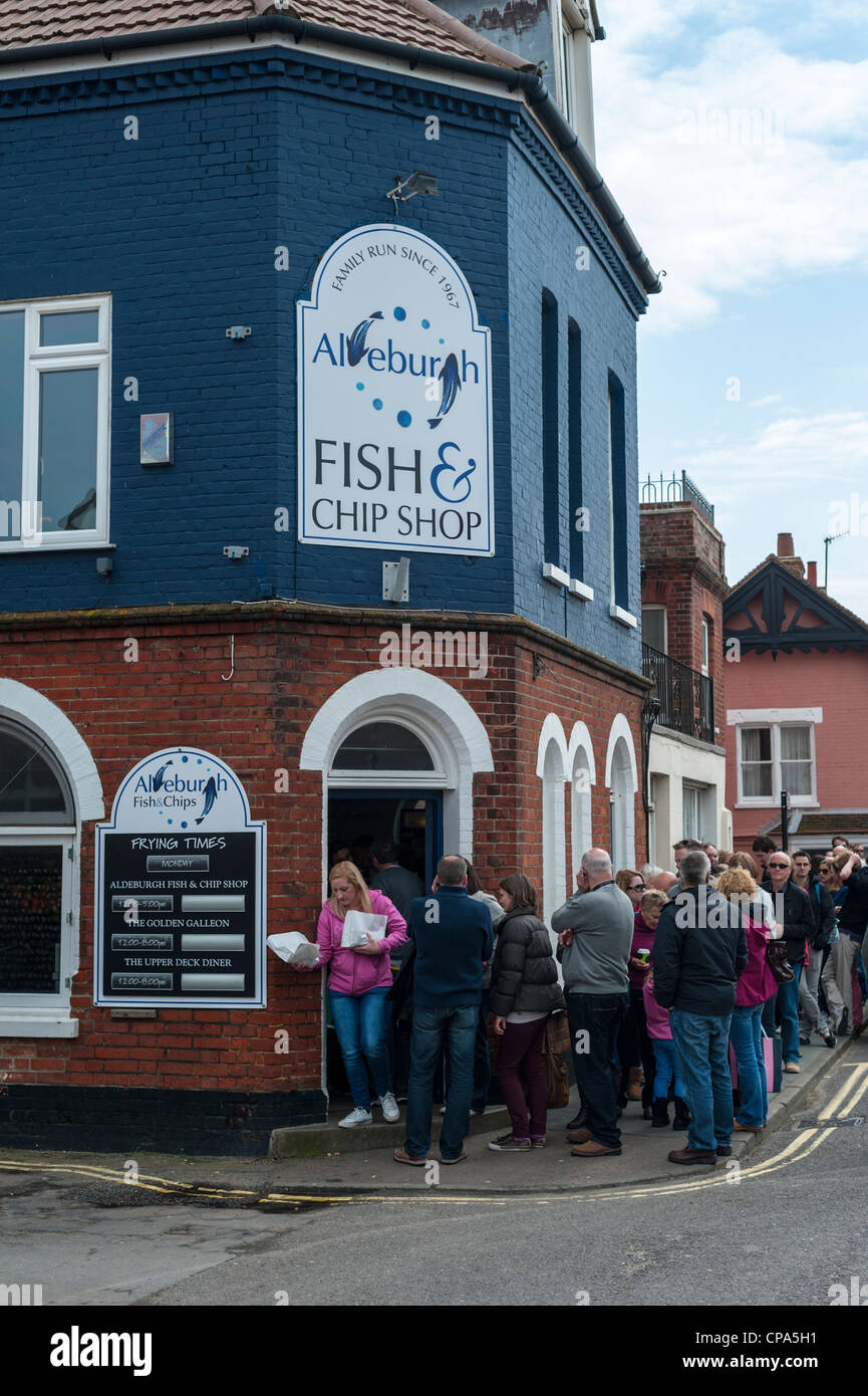 The famous fish and chip shop in Aldeburgh Suffolk UK withe queue out ...