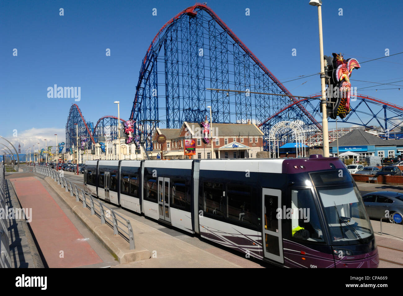 The new Blackpool Tram at the Pleasure Beach Stock Photo - Alamy