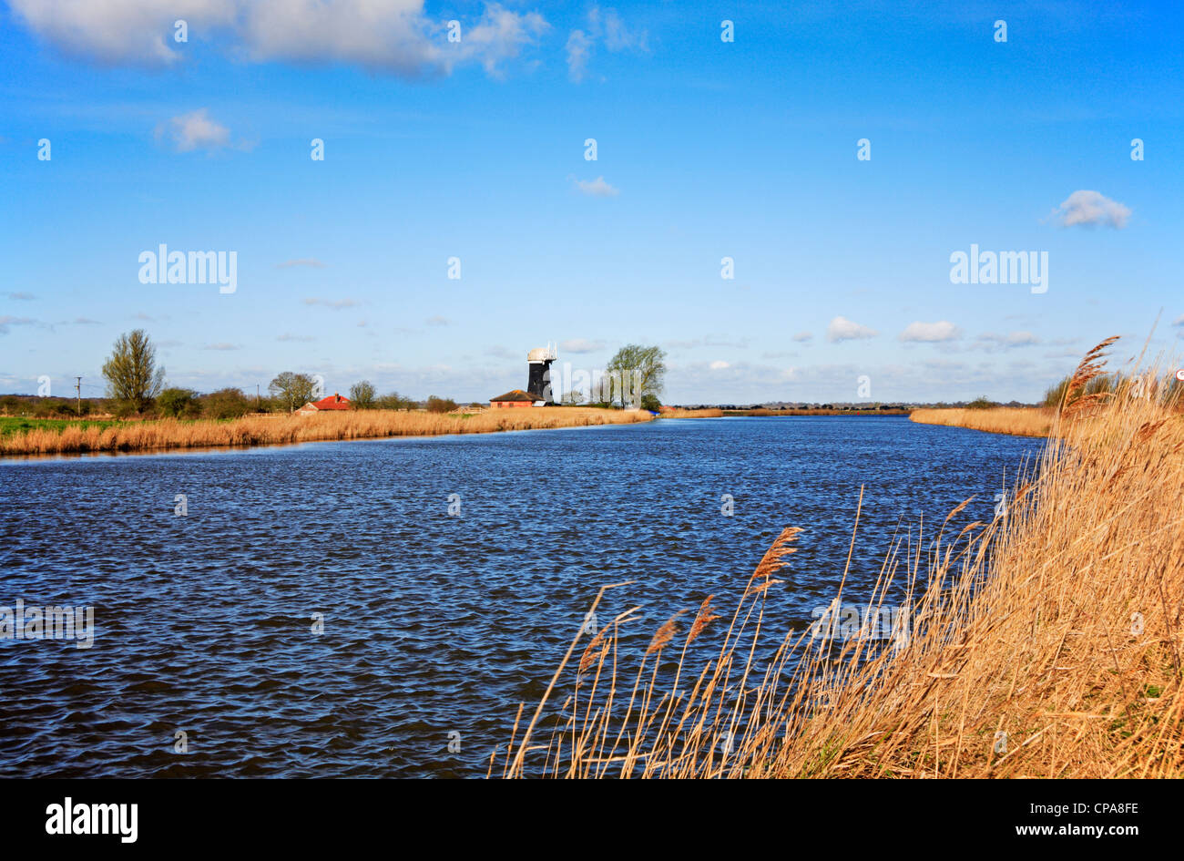 A view of the River Bure on the Norfolk Broads at Oby, Norfolk, England ...