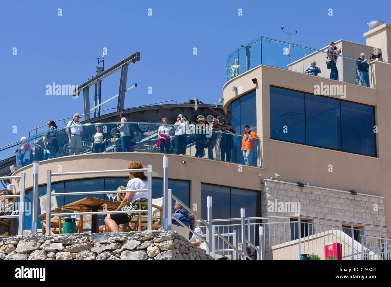 Dubrovnik, Croatia - the cable car station on Srd Hill with caf Stock ...