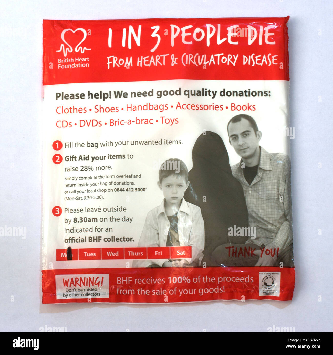 British Heart Foundation - collection bag front. Reverse is available ...