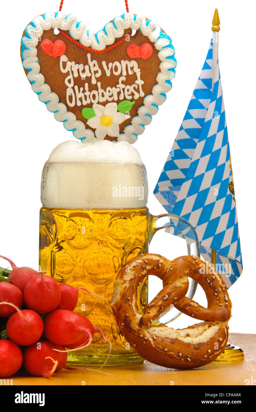 big glass of german bavarian beer with bavarian flag at world famous ...