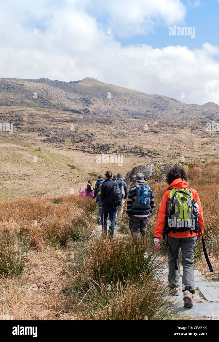 A group of walkers setting off to climb Mount Snowdon in the Snowdonia ...