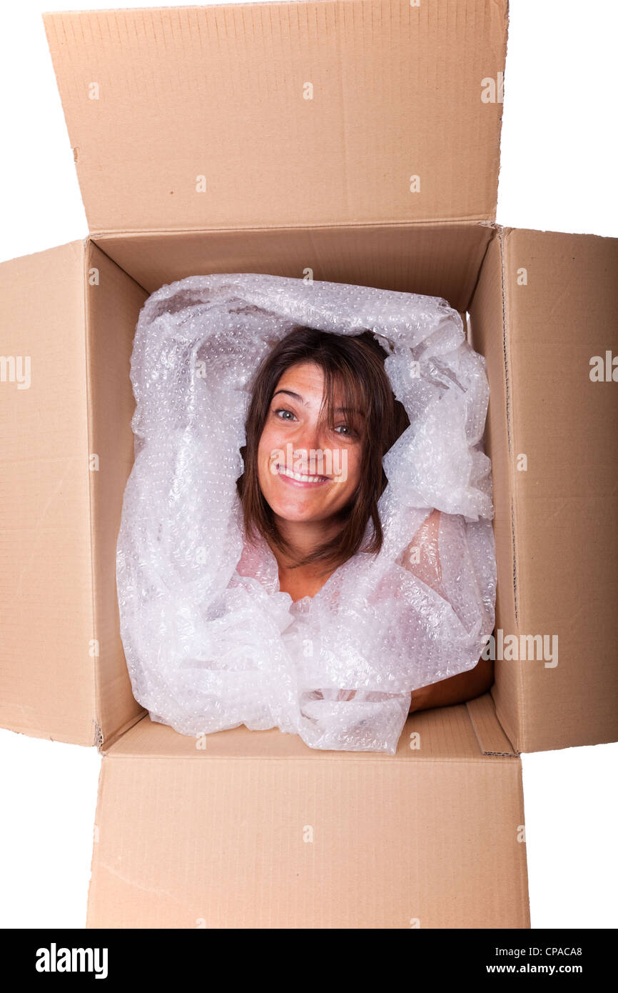 woman face inside a cardboard box smiling Stock Photo - Alamy