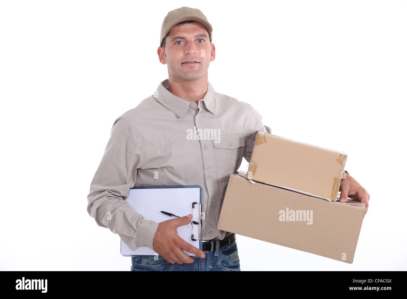 Courier delivering packages Stock Photo - Alamy