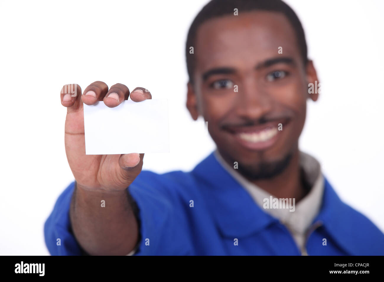worker showing business card Stock Photo - Alamy