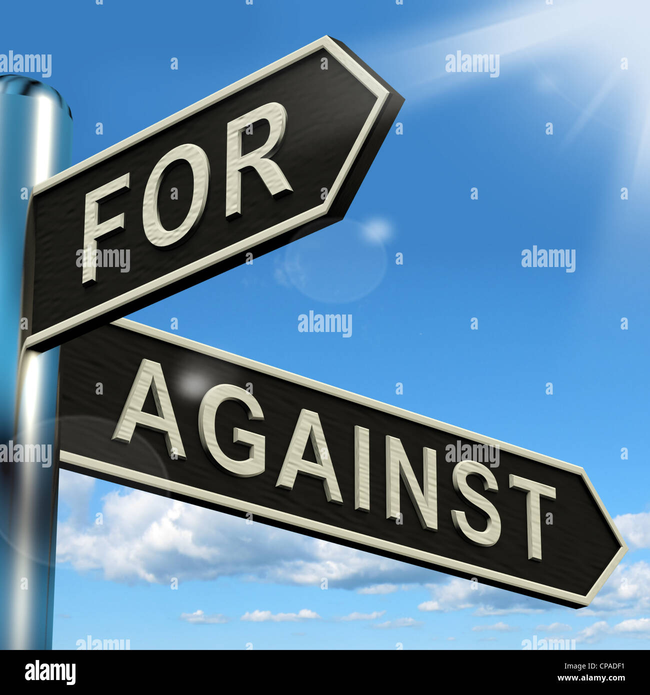 For Or Against Signpost Shows Pros And Cons Stock Photo - Alamy