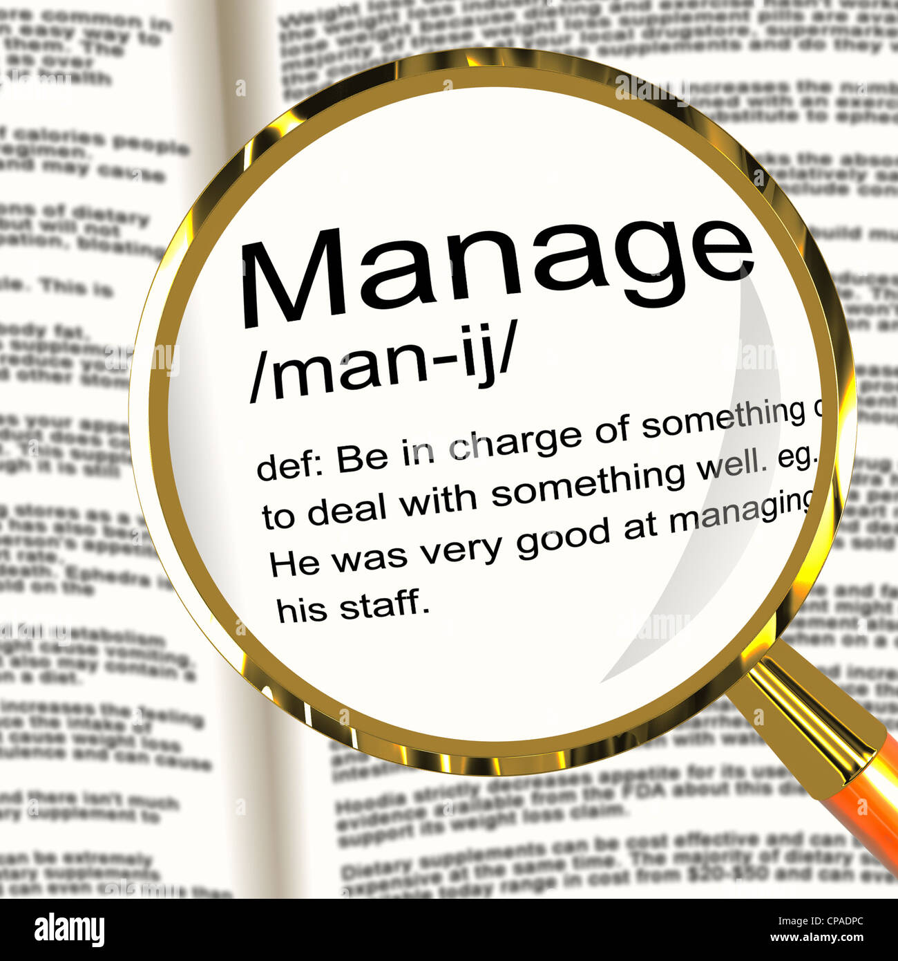 Manage Definition Magnifier Shows Leadership Management And Supervision ...