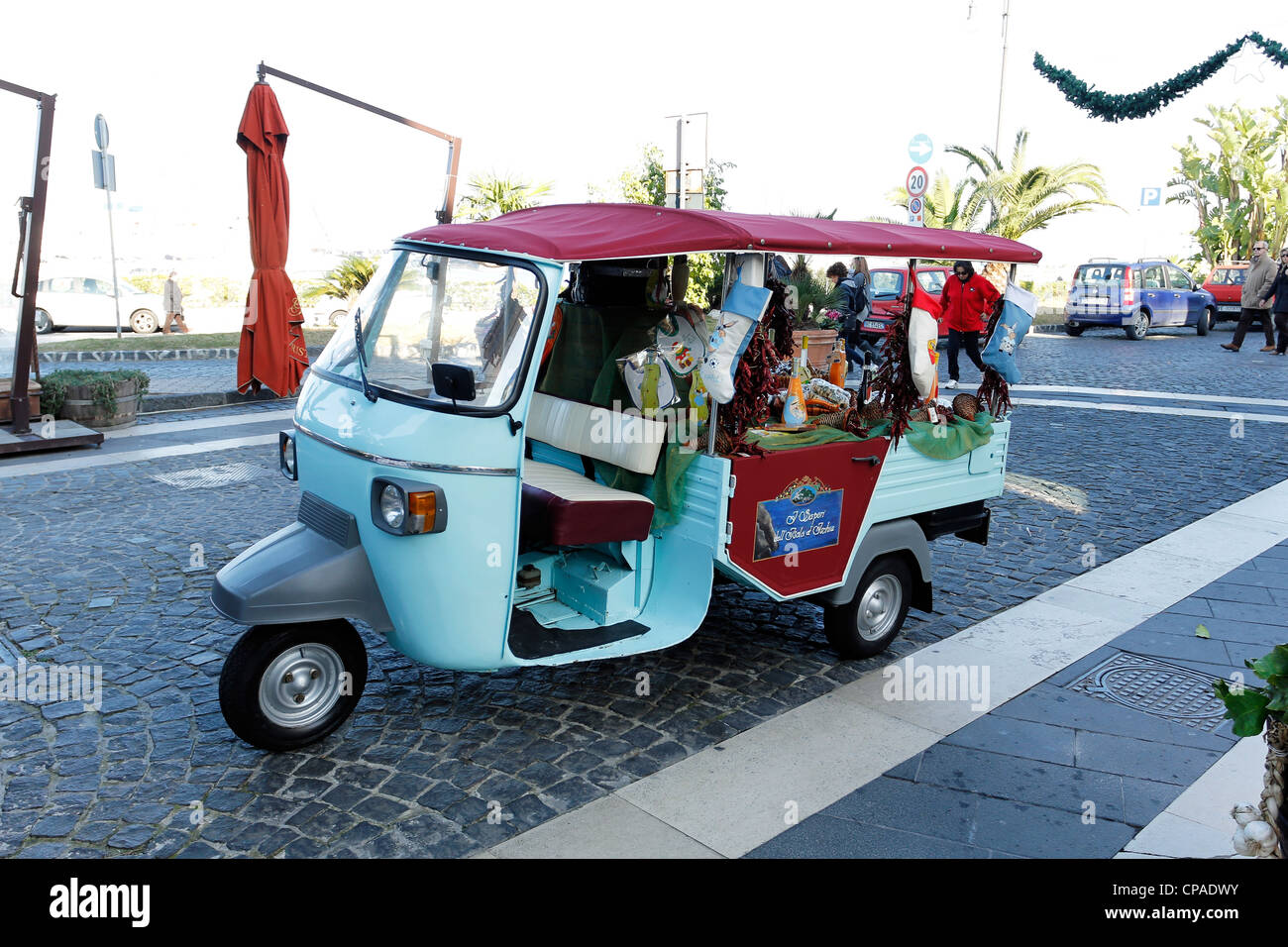 Ape Car full of Typical Food product of Ischia Island, Campania, Italy ...