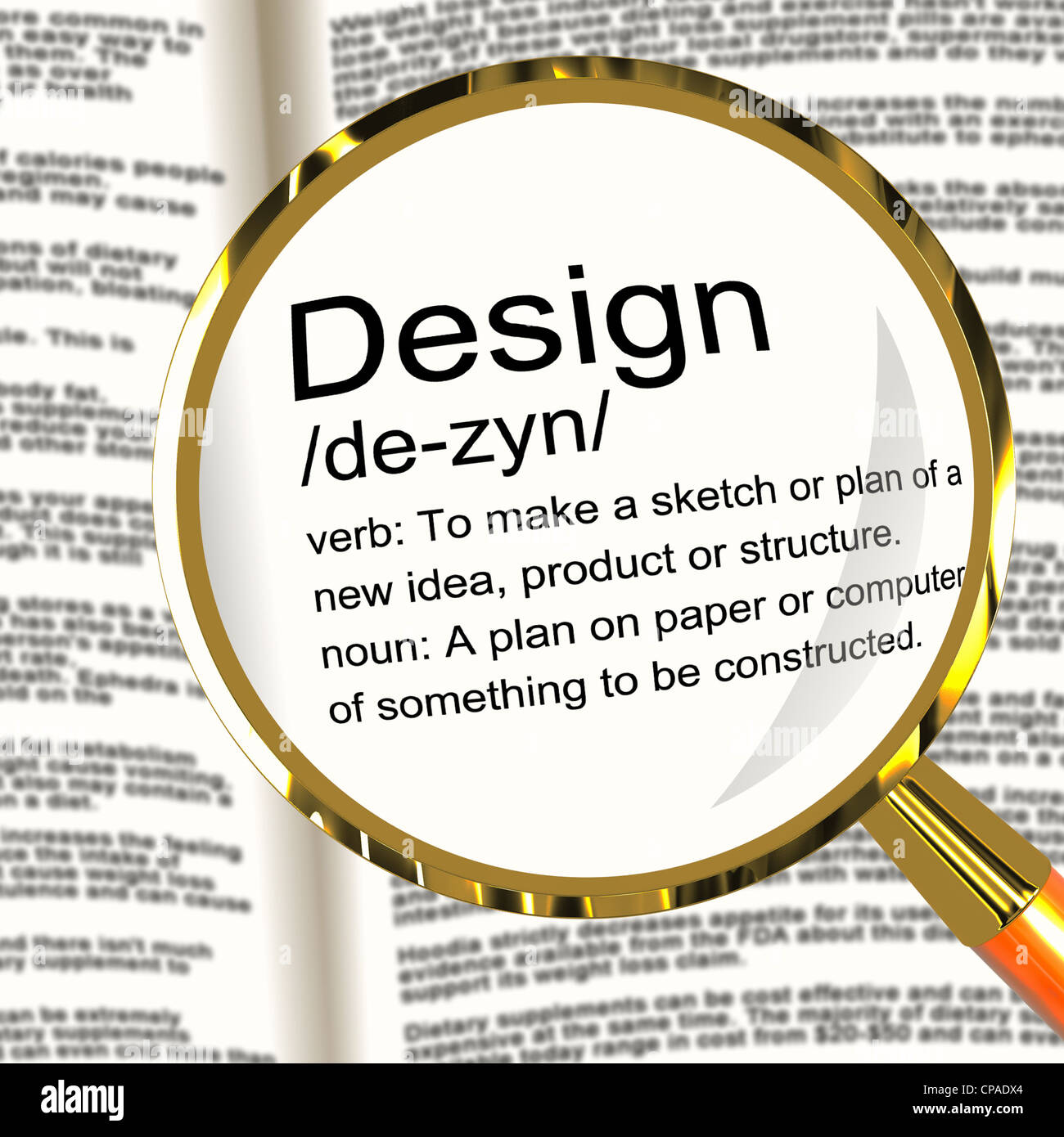 Design Definition Magnifier Shows Sketch Plan Artwork Or Graphic Stock ...