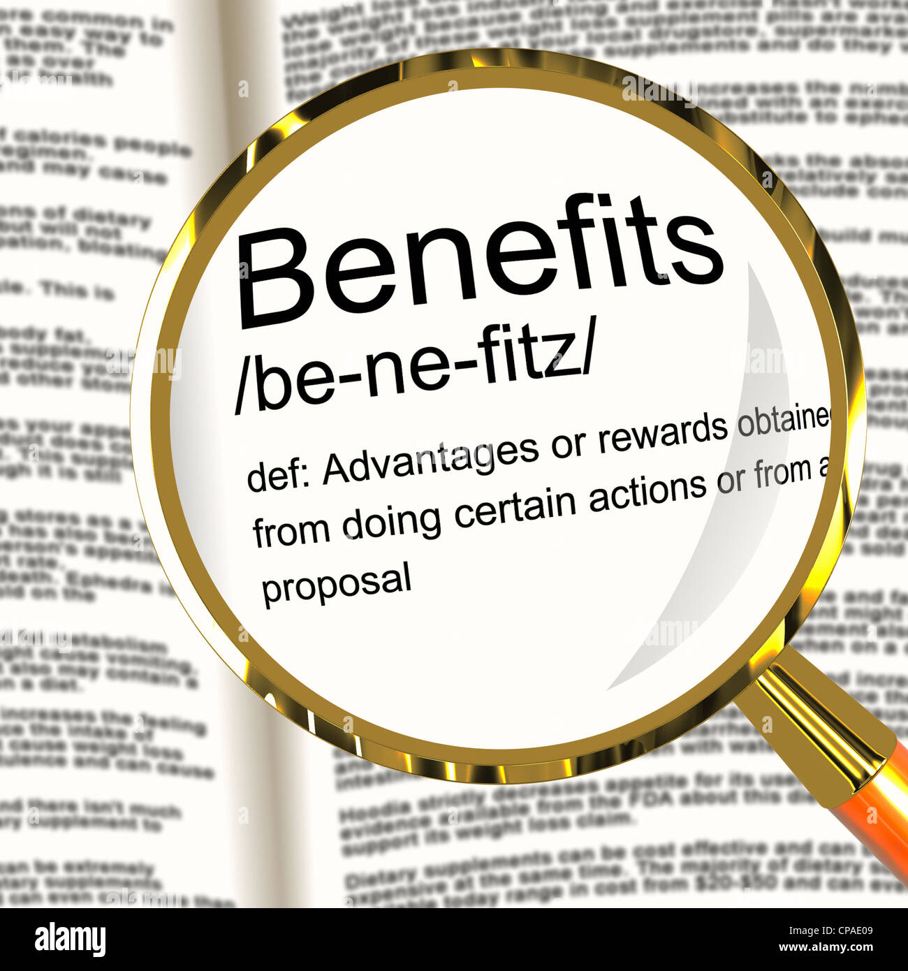 Benefits Definition Magnifier Shows Bonus Perks Or Rewards Stock Photo ...