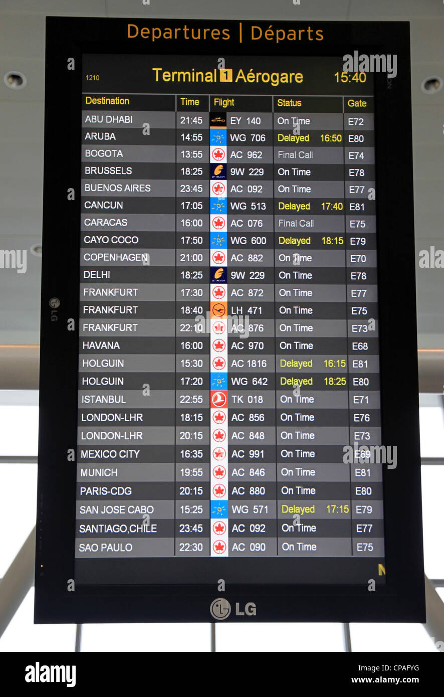 An electronic board showing destinations and departure times Stock ...