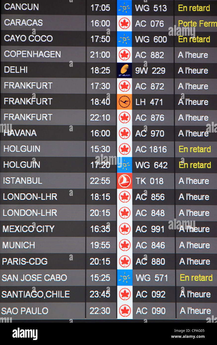 An electronic board showing destinations and departure times Stock ...