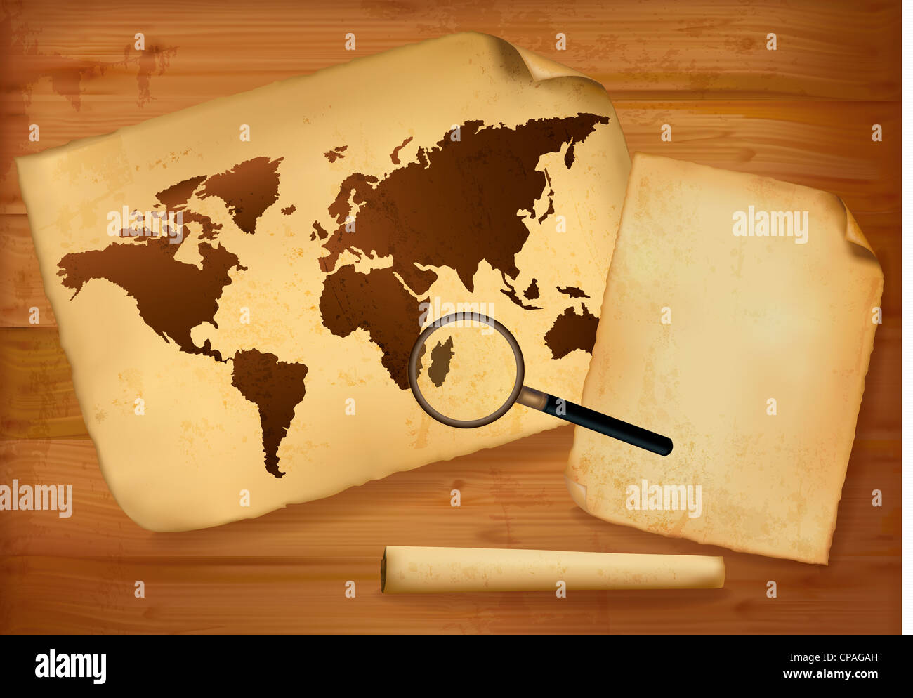 Old map and old paper on wooden background Stock Photo - Alamy