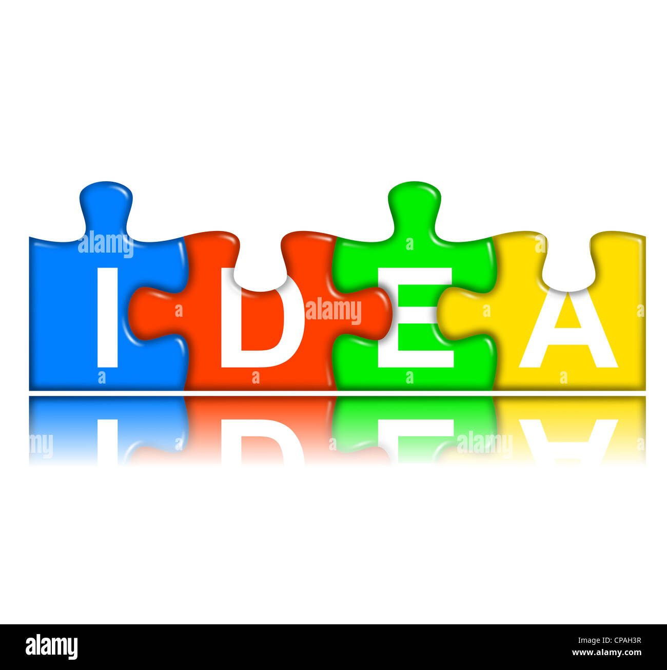 four multi-color puzzle pieces with reflection combined representing ...