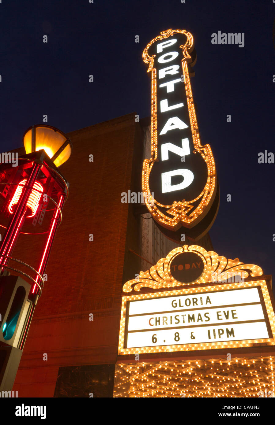 Illuminated marquee of the Arlene Schnitzer auditorium, Portland ...