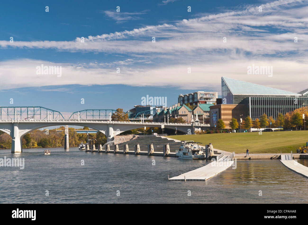 US, TN, Chattanooga. Tennessee River waterfront with aquarium, Hunter ...