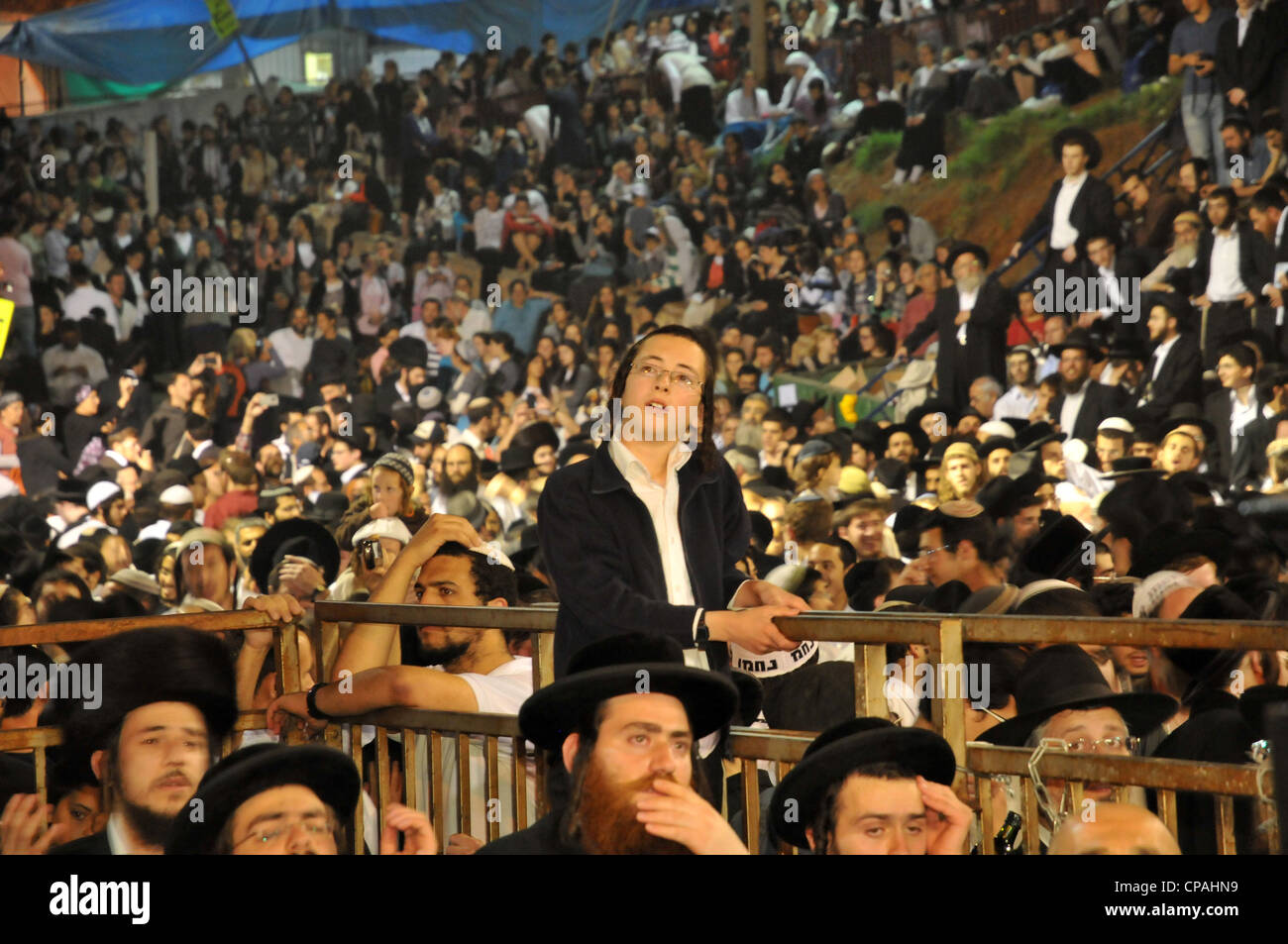Ultra orthodox men pray at the grave site of Rabbi Shimon Bar Yochai at the holiday of Lag ...