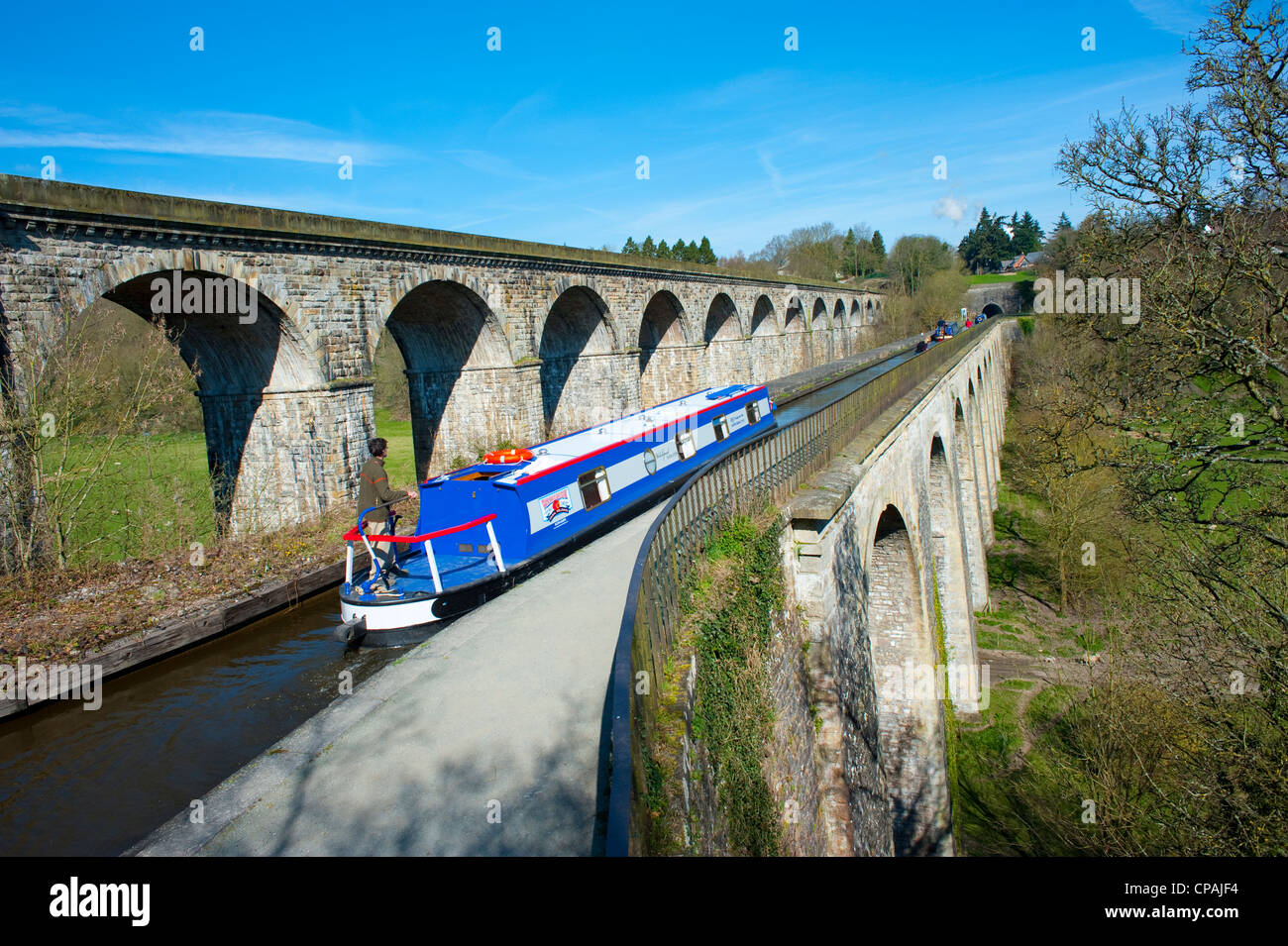 Narrow boats on Llangollen Canal crossing Chirk aqueduct, Wales, UK ...