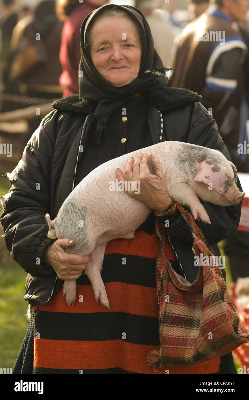 Woman holding pig at market, Romania Stock Photo - Alamy