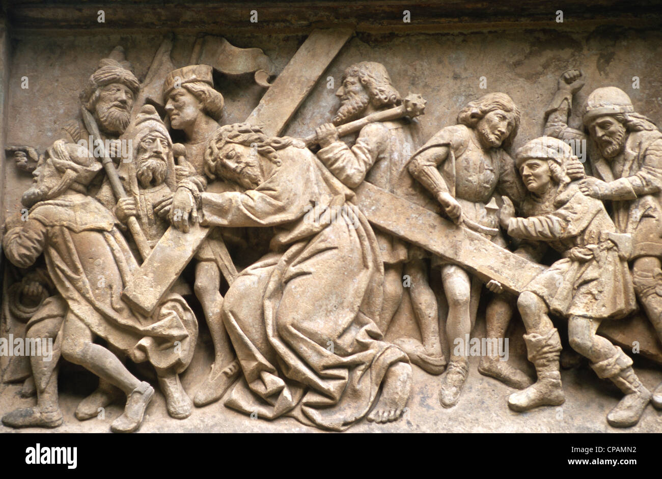 Germany, Bavaria, Bamberg, stone relief, Christ with the cross Stock ...