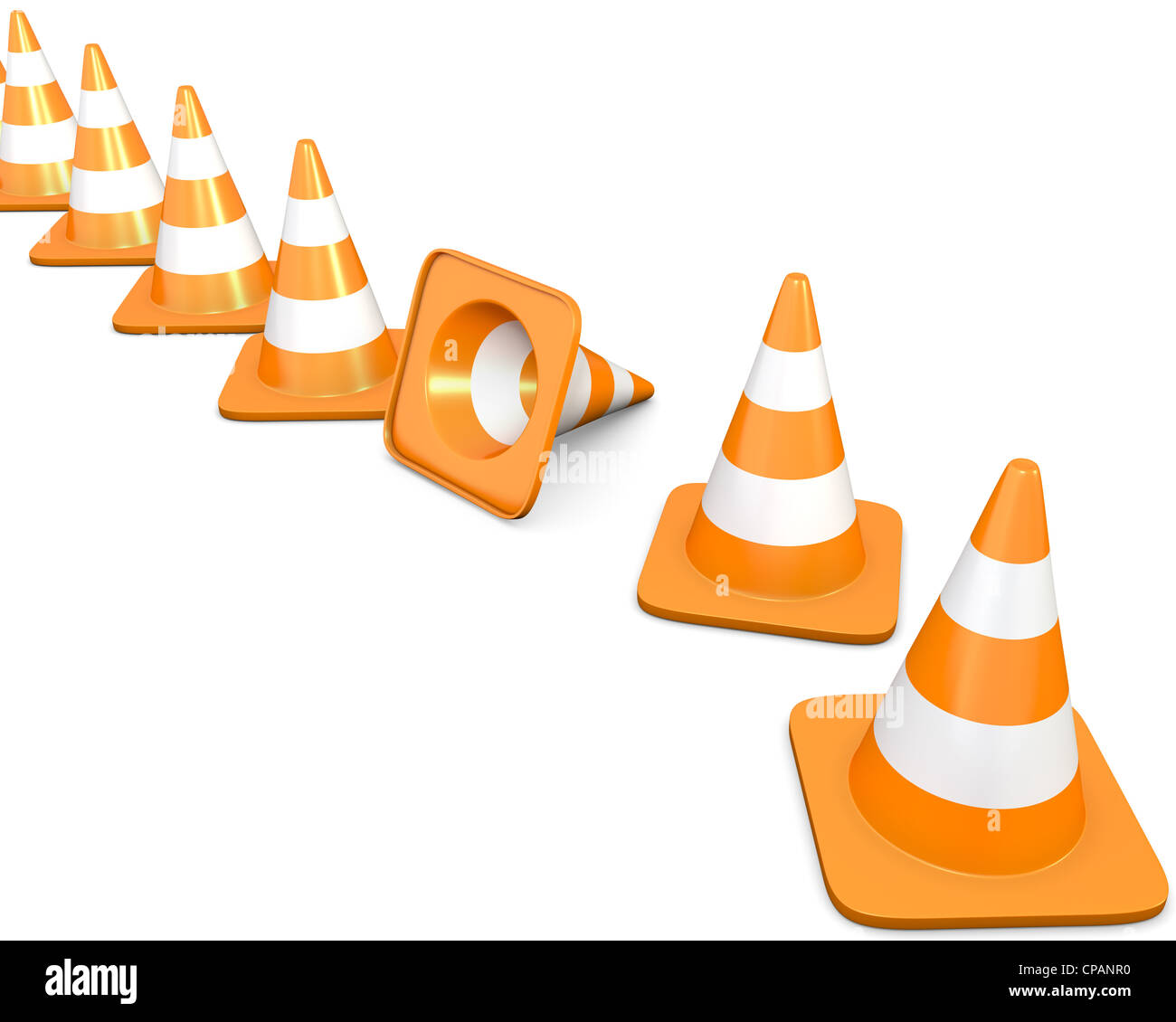 Diagonal line of traffic cones with one fallen cone, isolated on white ...