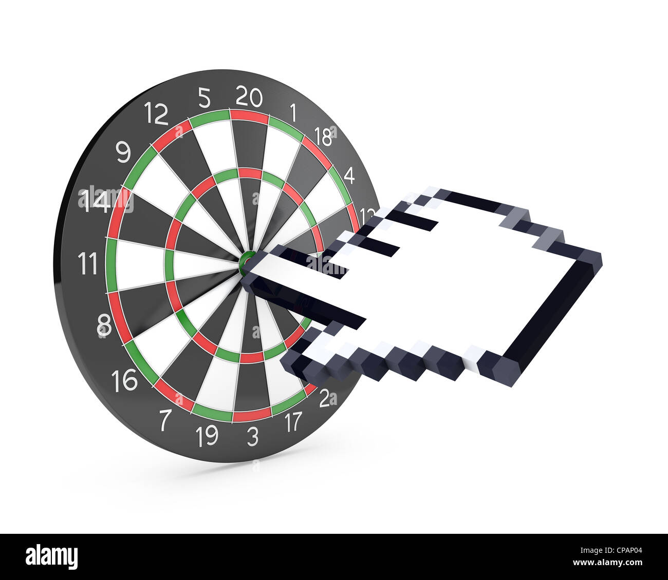 Hand cursor hits the dartboard, isolated on white background Stock ...