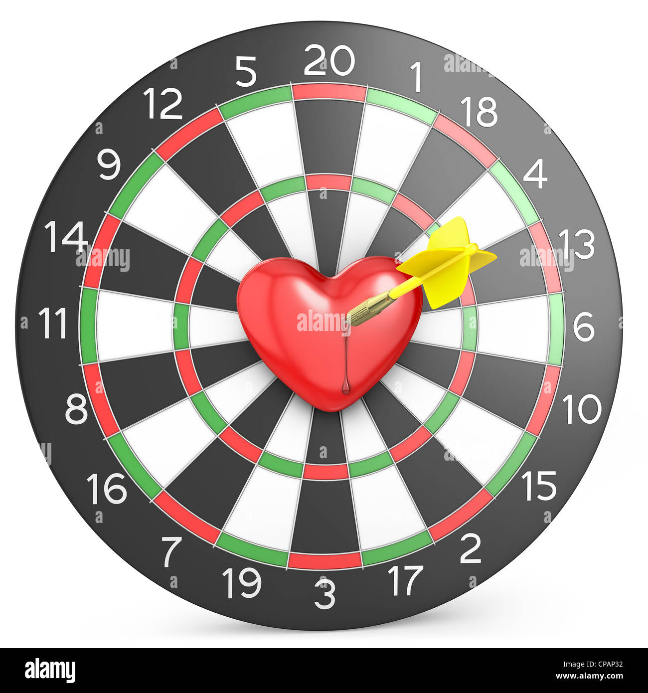 Dart hit the heart in the center of datrboad, frontal view isolated on ...