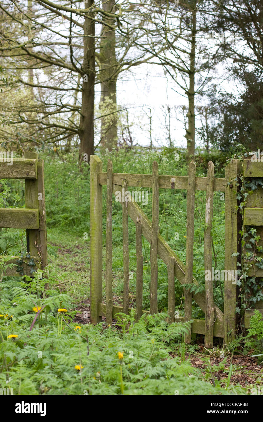 A Landscape view of a wooden gate leading to a pathway into a wooded ...