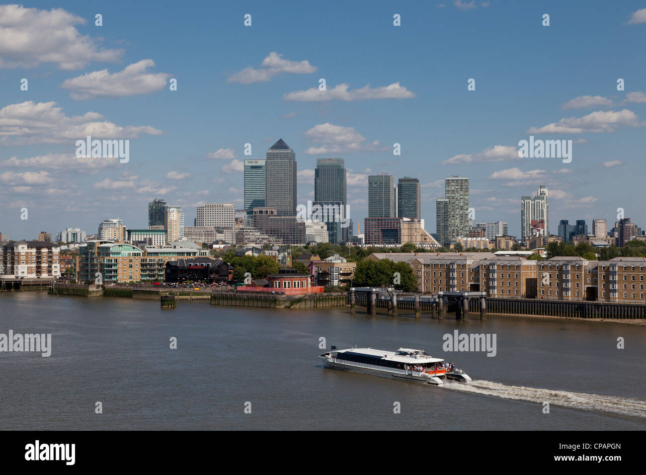 Thames Clipper on River Thames east London, view towards London ...