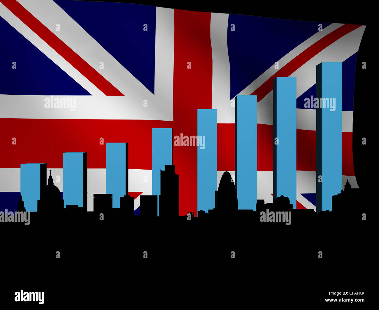 London skyline and graph over British flag illustration Stock Photo - Alamy