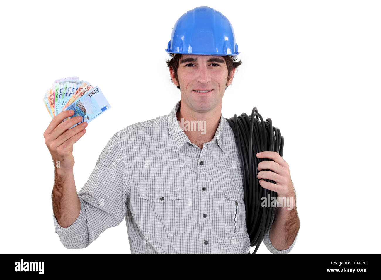Electrician flashing cash Stock Photo - Alamy