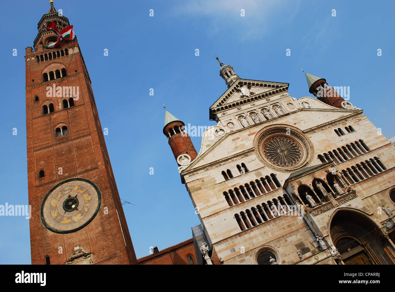 Cathedral facade and tower bell called Torrazzo, Cremona, Lombardy ...