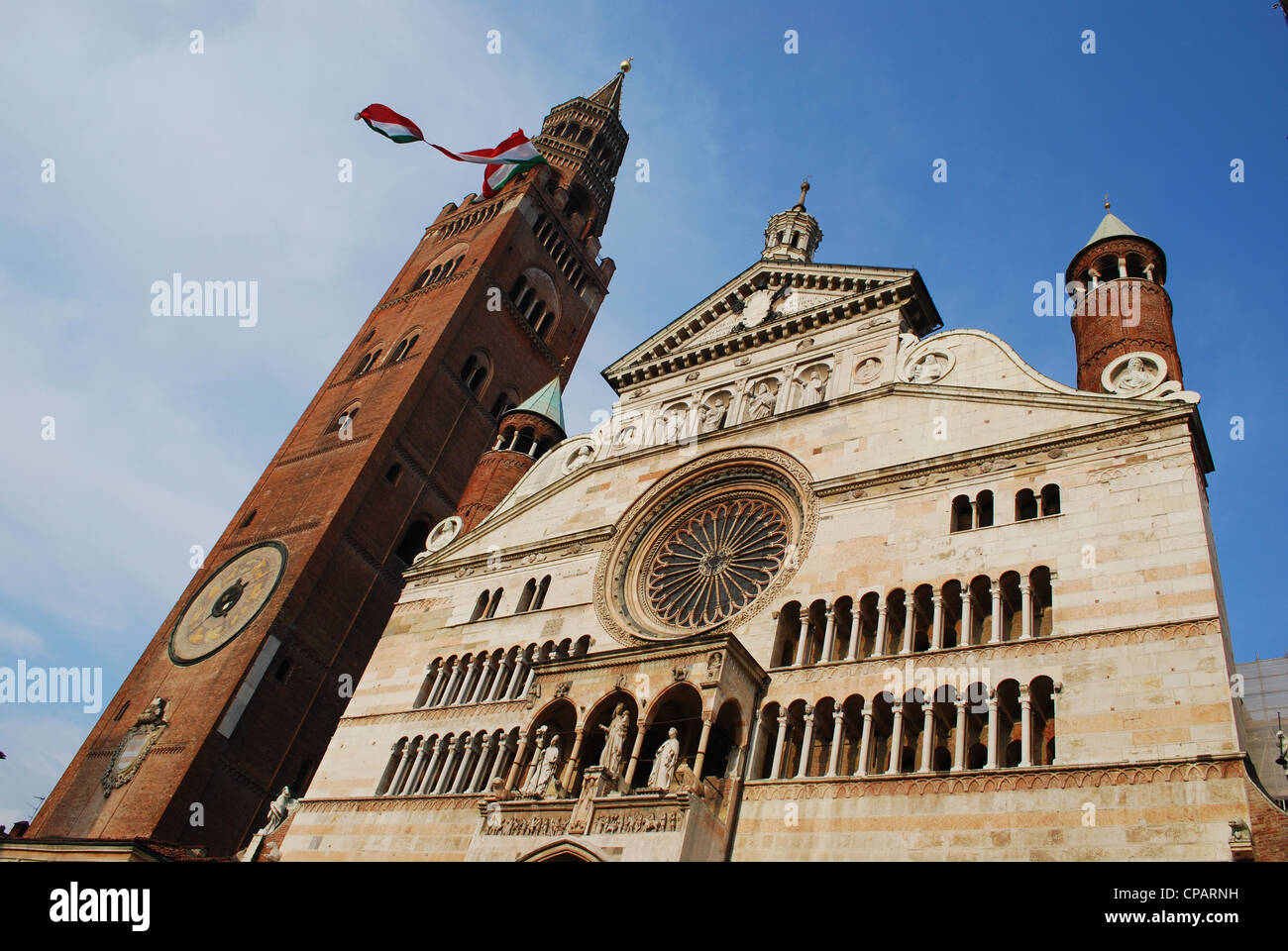 Cathedral facade and tower bell called Torrazzo, Cremona, Lombardy ...