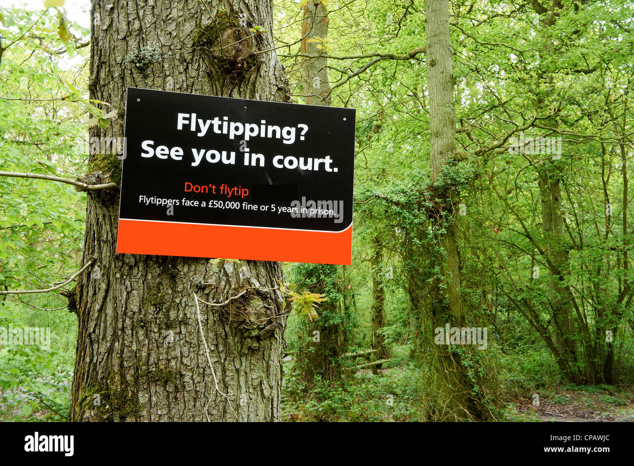 Woodland no fly tipping sign Stock Photo - Alamy