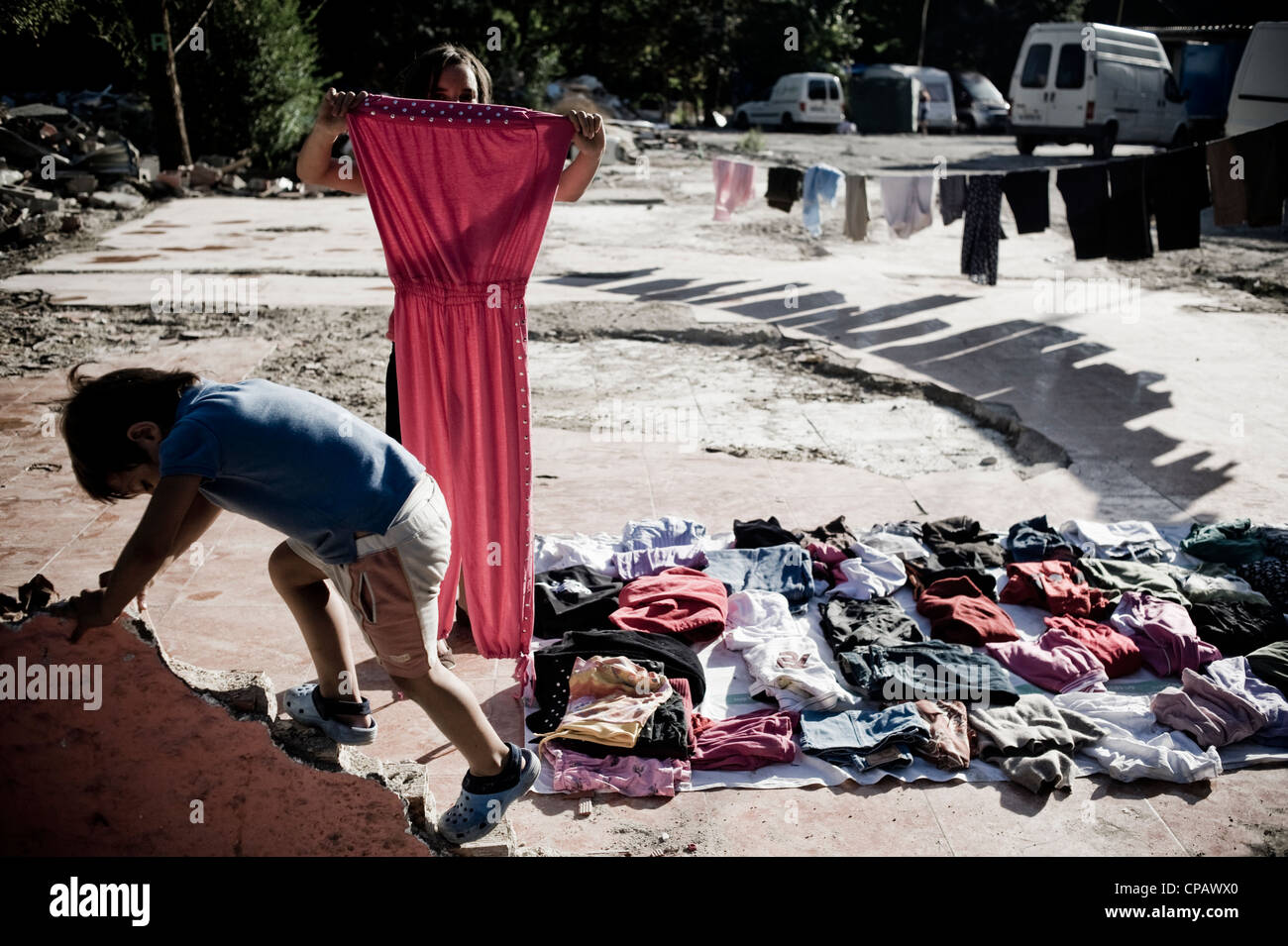 Gypsy shanty town of Puerta de Hierro, Madrid, Spain. They are facing ...