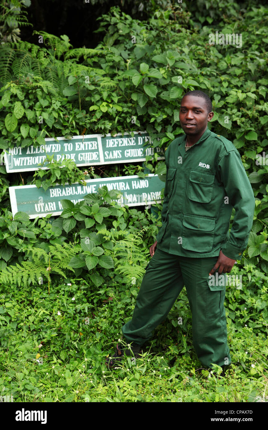 A naturalist and guide by the start of the Isumo Trail in Nyungwe ...