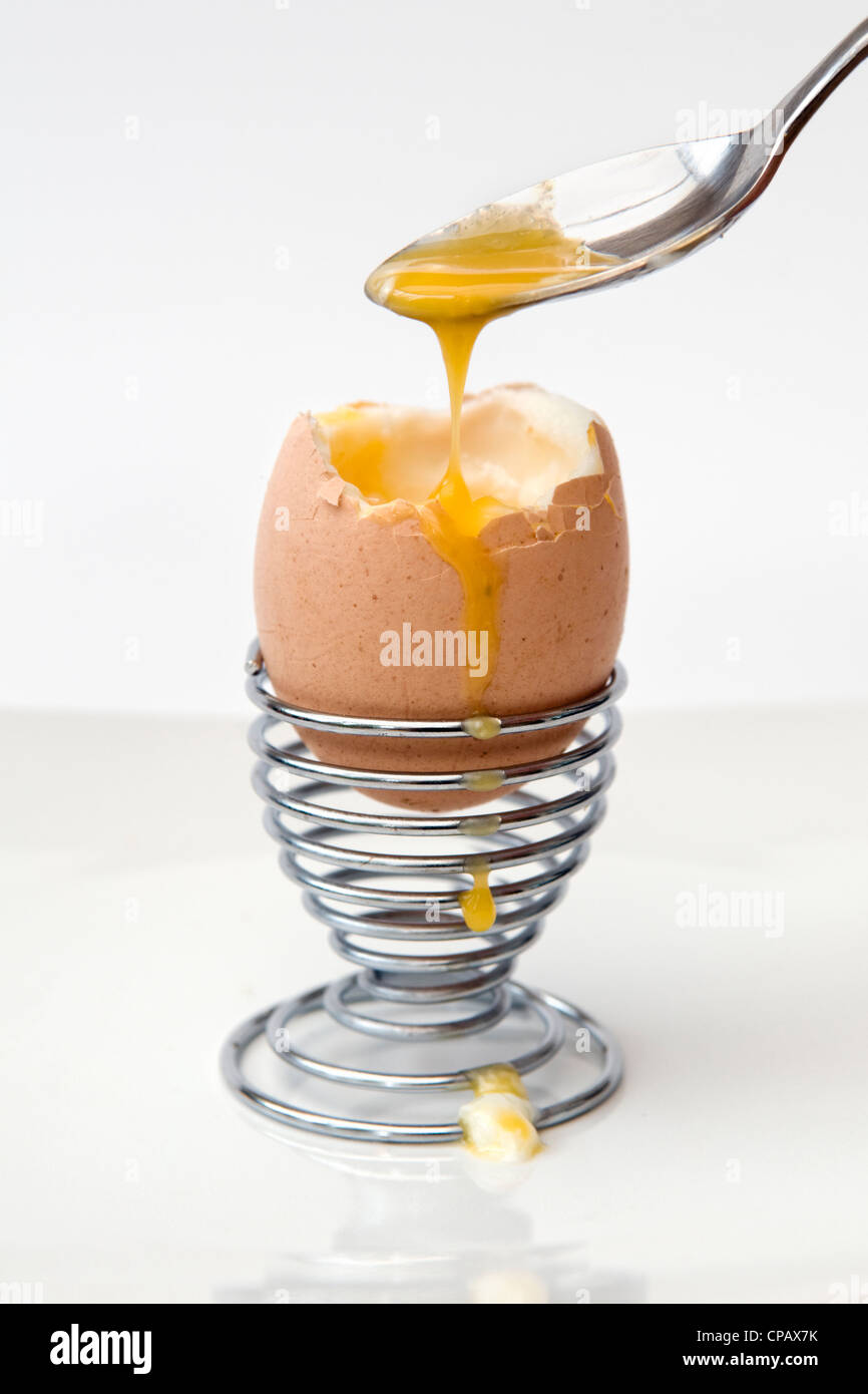 Soft boiled egg dripping down side of metal egg cup on white background ...
