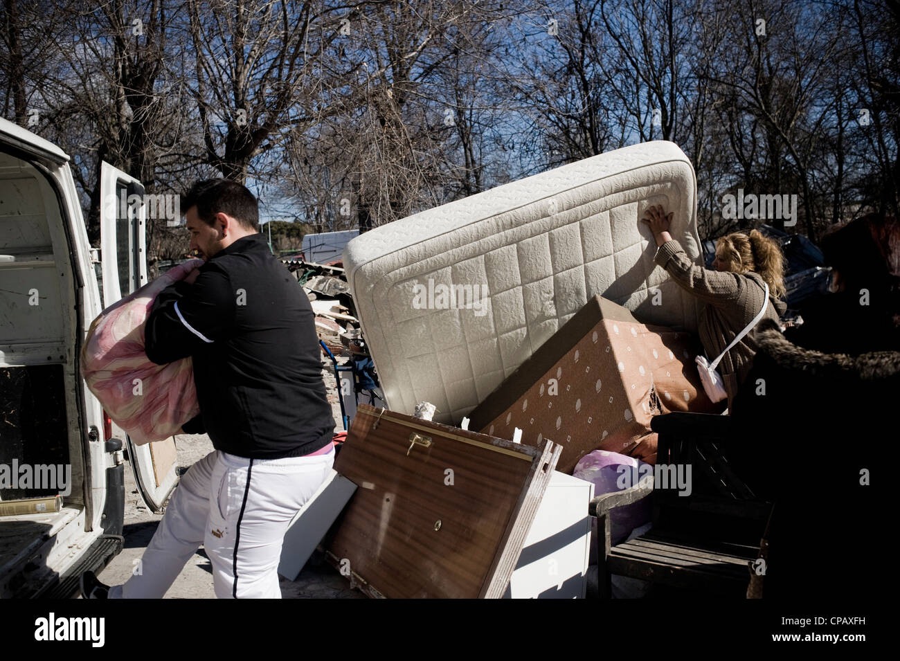 Gypsy shanty town of Puerta de Hierro, Madrid, Spain. They are facing ...
