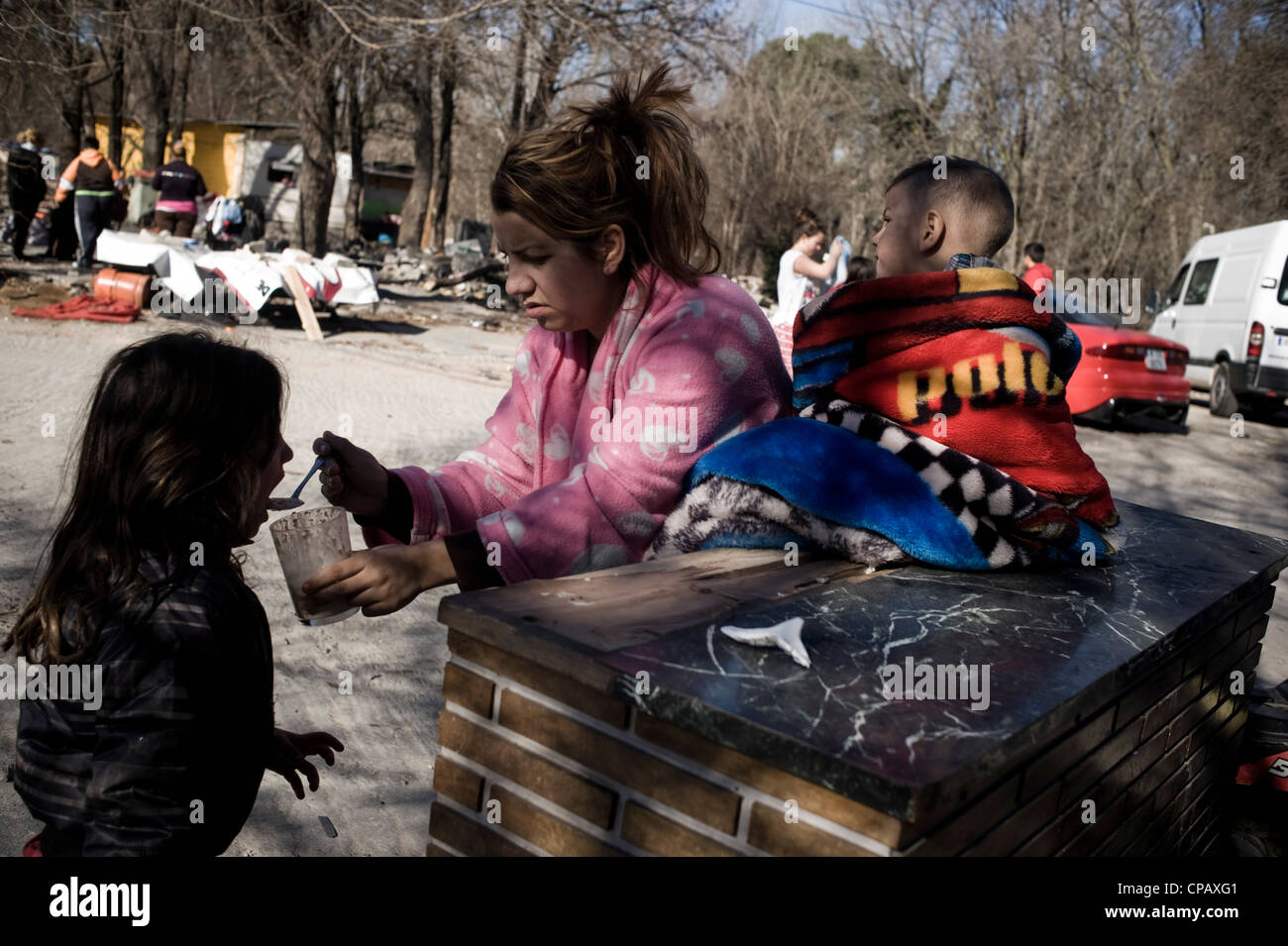 Gypsy shanty town of Puerta de Hierro, Madrid, Spain. They are facing ...