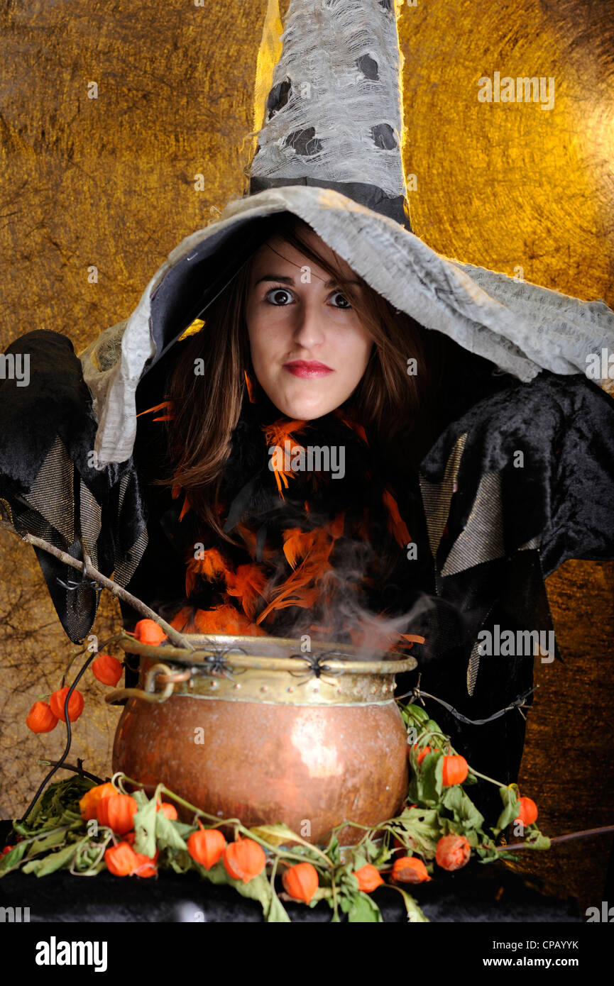 halloween witch cooking in a copper Stock Photo - Alamy