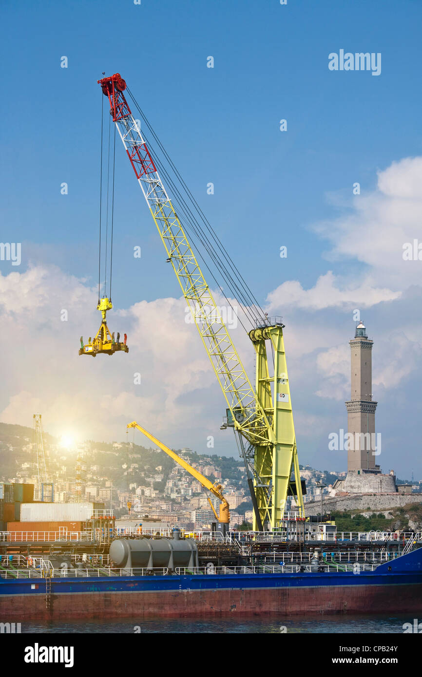 Crane on barge in pier Stock Photo - Alamy