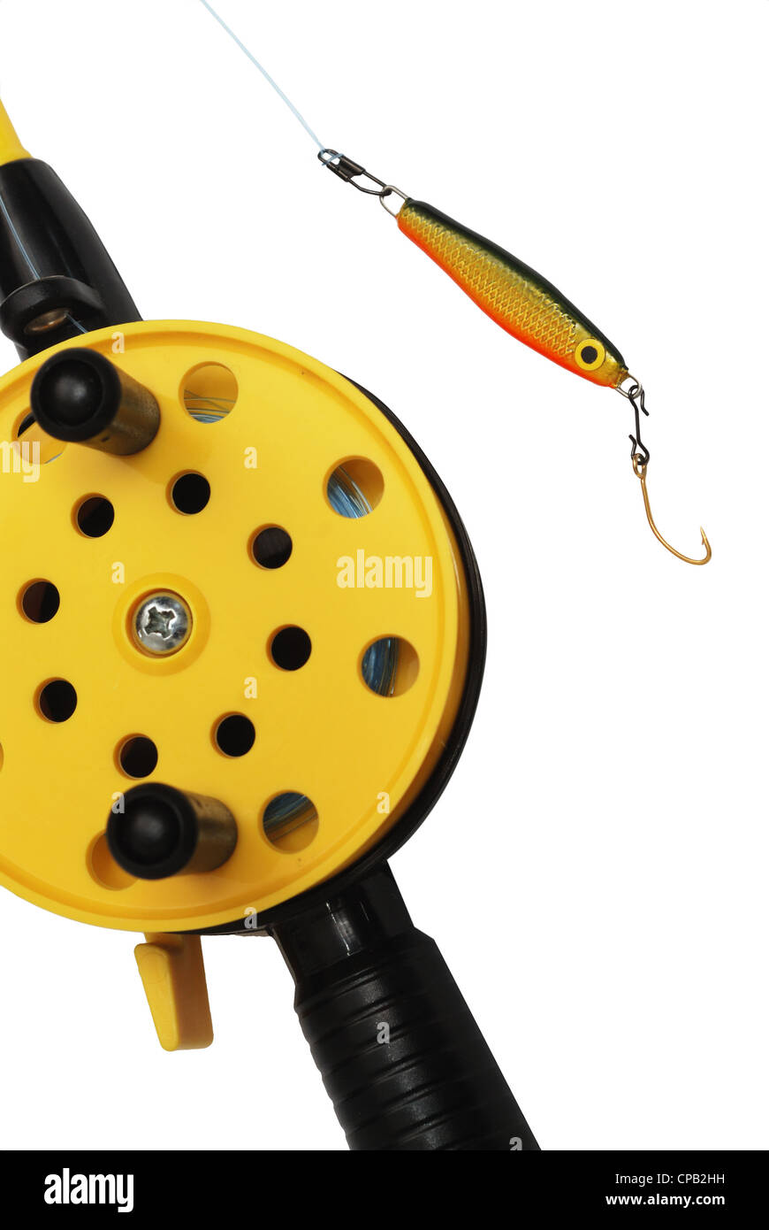 fishing rod with yellow reel on the white Stock Photo - Alamy