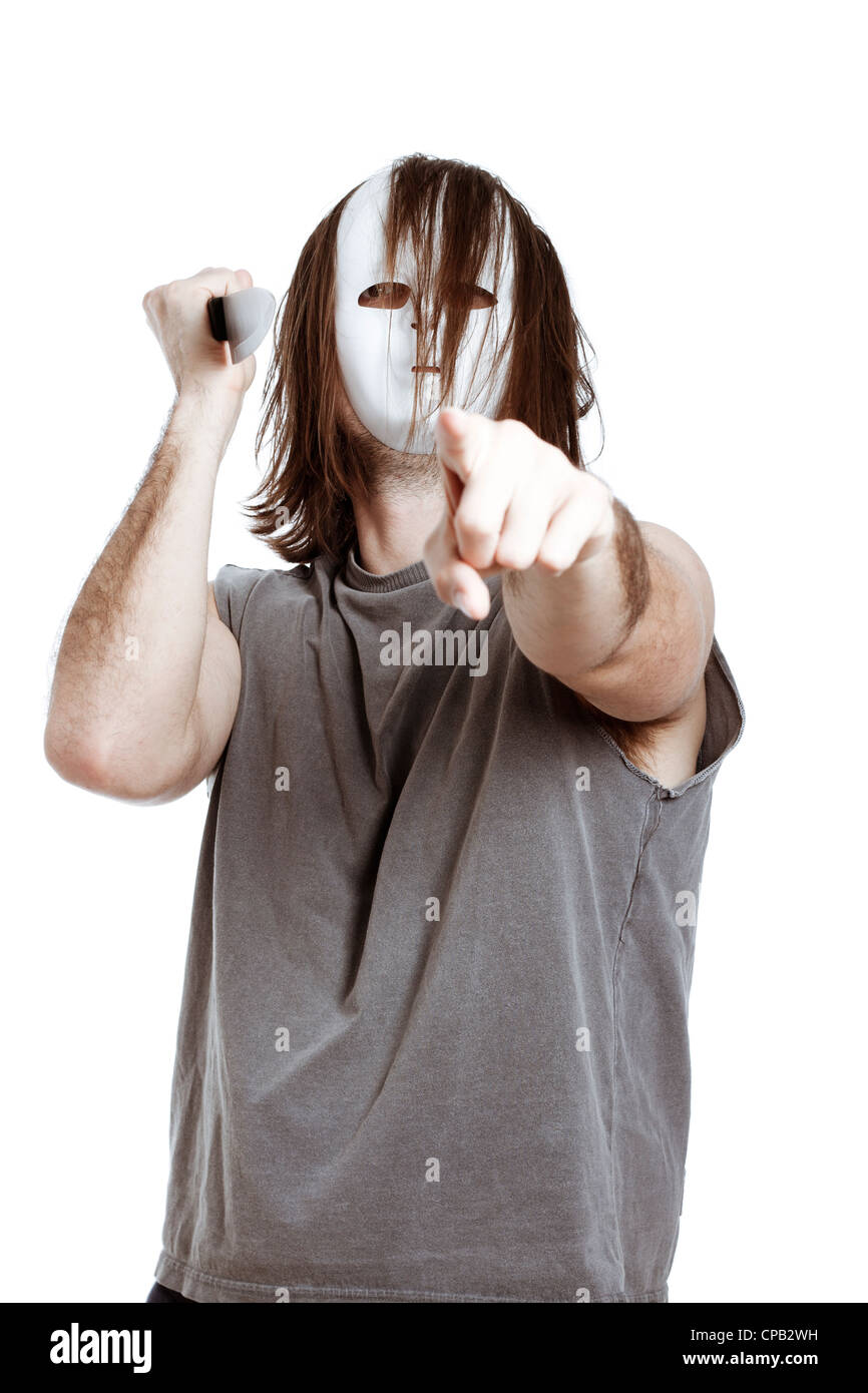 Scary killer horror man with knife, pointing at you, isolated on white ...