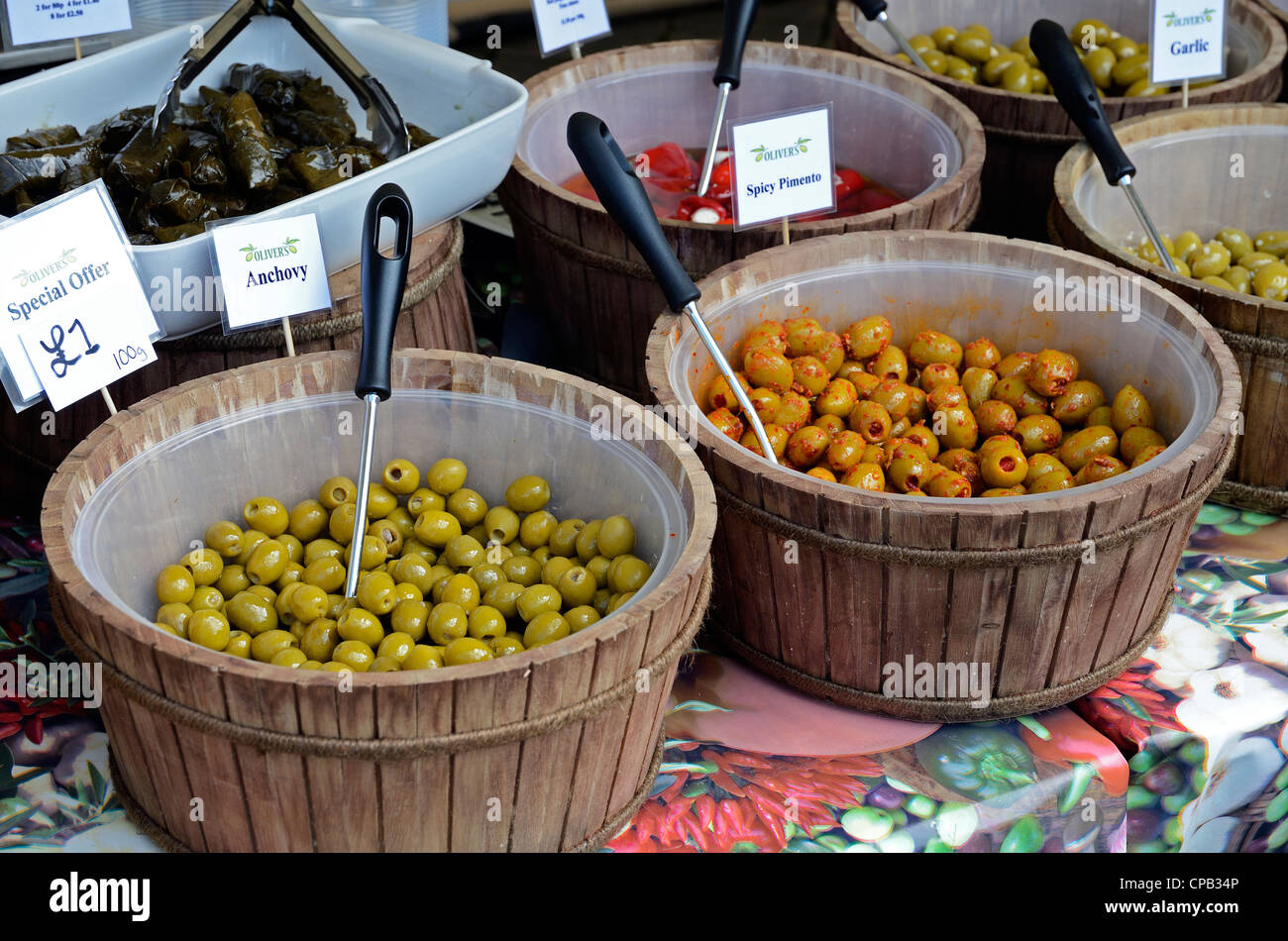 Olives on sale at a farmers market in the uk Stock Photo - Alamy