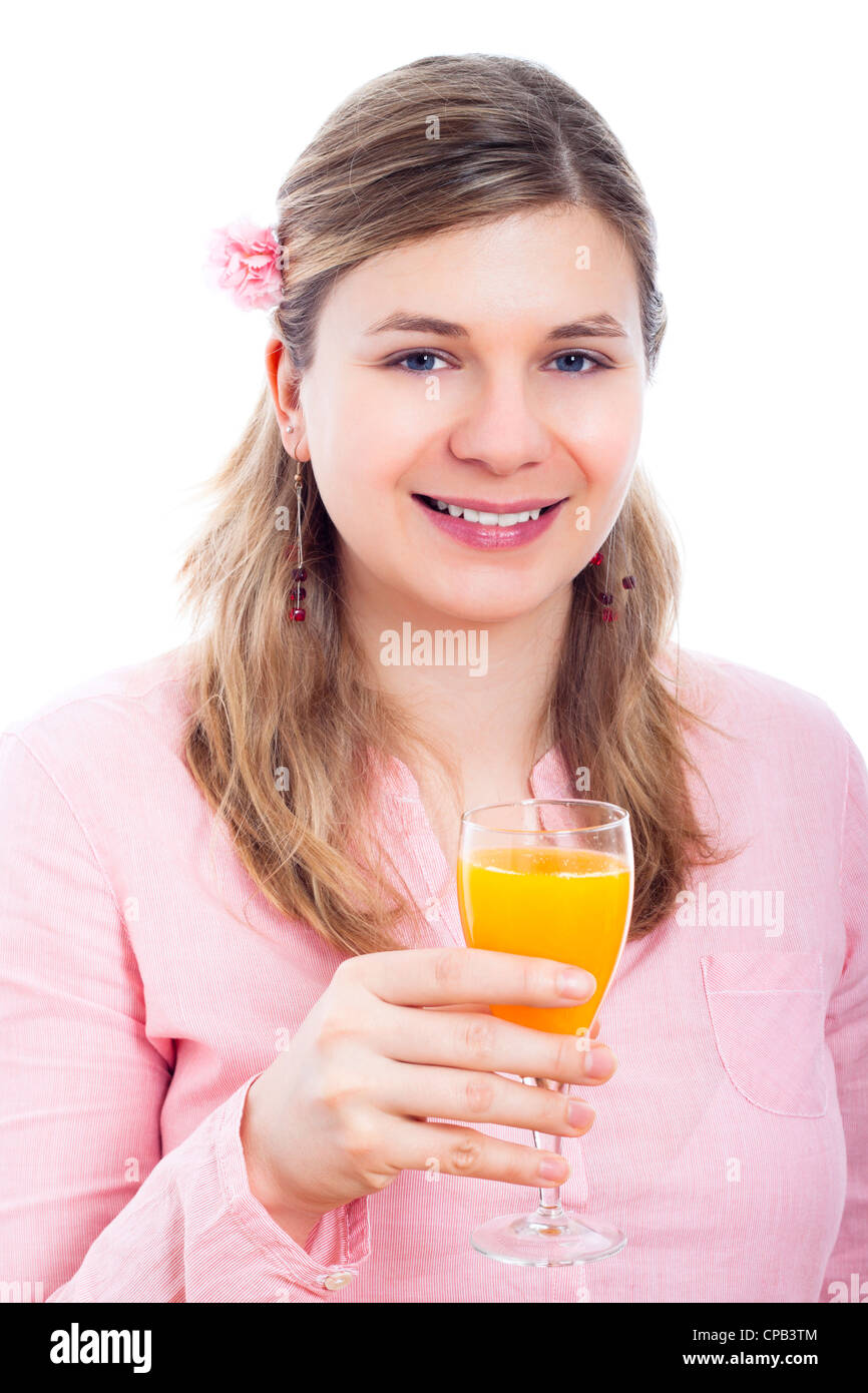 Happy Smiling Woman Holding Glass Of Fresh Orange Juice Isolated On